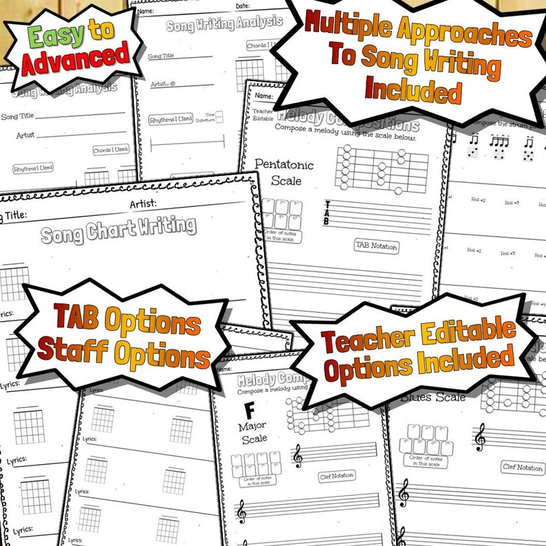 150 Guitar Song Writing Worksheets | Tests Quizzes Homework Sub-work ...