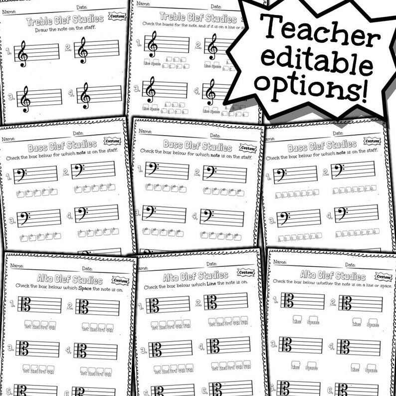 120 Treble Bass and Alto Clef Worksheets - Tests Quizzes Homework ...