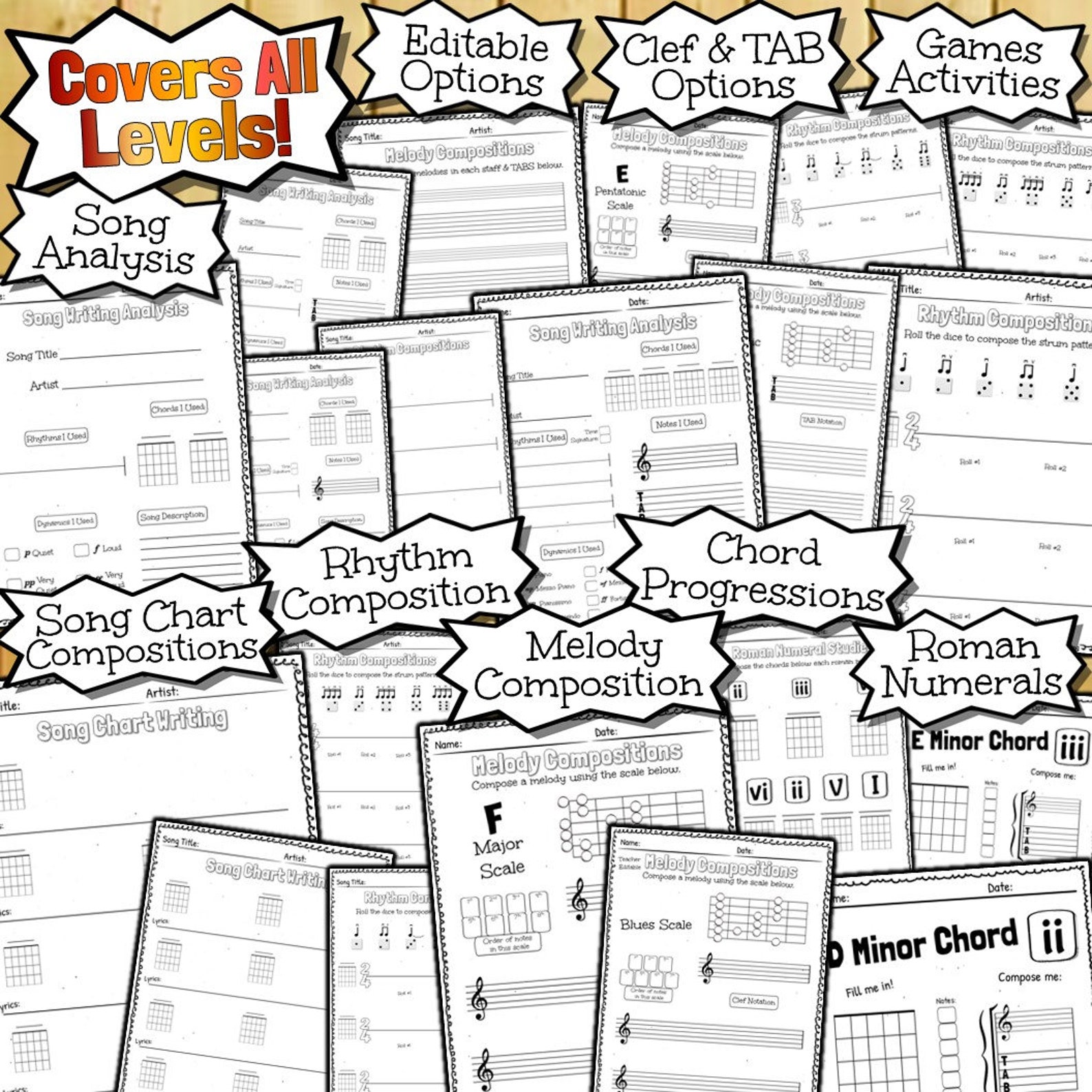 150 Guitar Song Writing Worksheets | Tests Quizzes Homework Sub-work ...