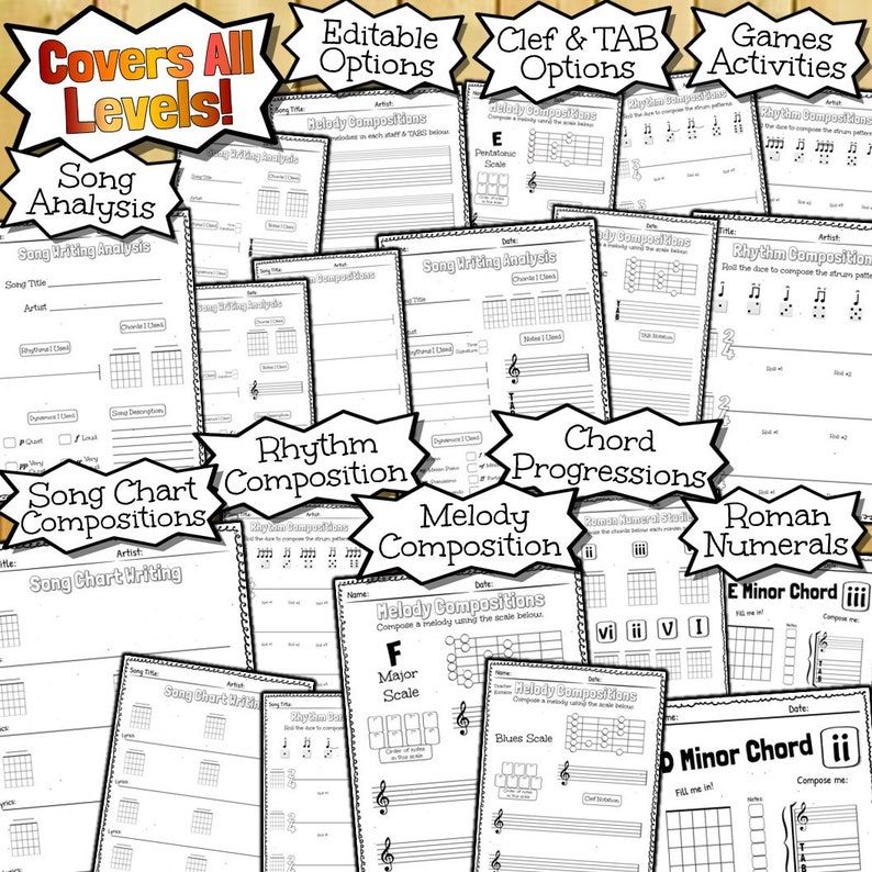 150 Guitar Song Writing Worksheets | Tests Quizzes Homework Sub-work ...