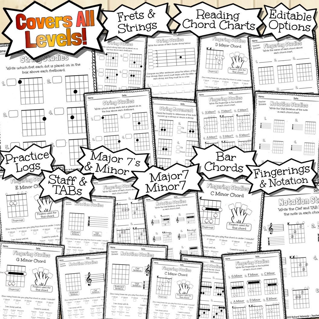 150 Guitar Chords Worksheets | Tests Quizzes Homework Sub Work and More ...
