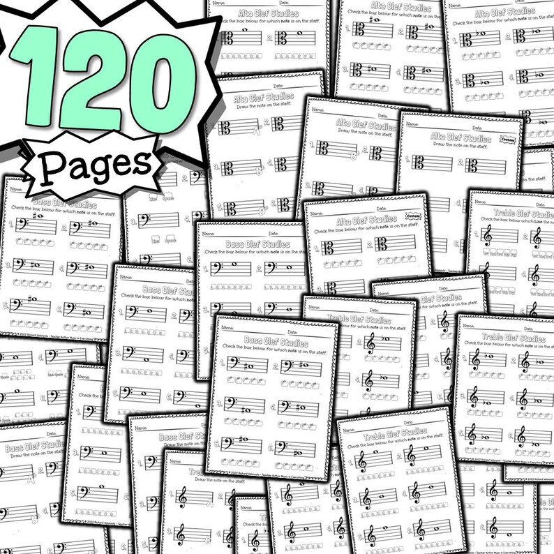 120 Treble Bass and Alto Clef Worksheets - Tests Quizzes Homework ...