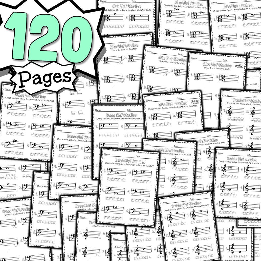 120 Treble Bass and Alto Clef Worksheets - Tests Quizzes Homework ...