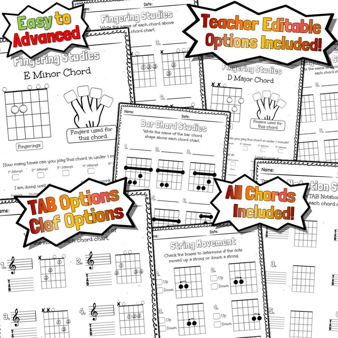 150 Guitar Chords Worksheets | Tests Quizzes Homework Sub Work and More ...