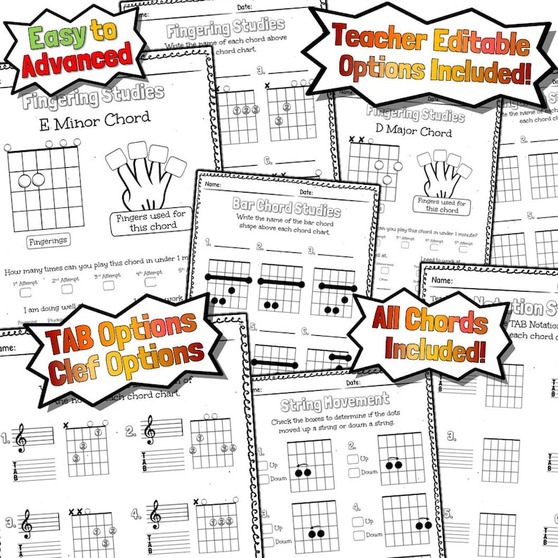 150 Guitar Chords Worksheets | Tests Quizzes Homework Sub Work and More ...