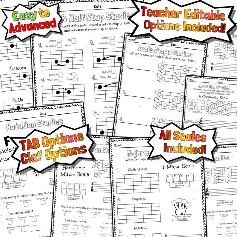 150 Guitar Scales Worksheets | Tests Quizzes Homework Sub-work Practice ...