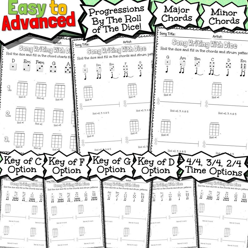 Ukulele Chord Progression Dice Composition Worksheets - Etsy