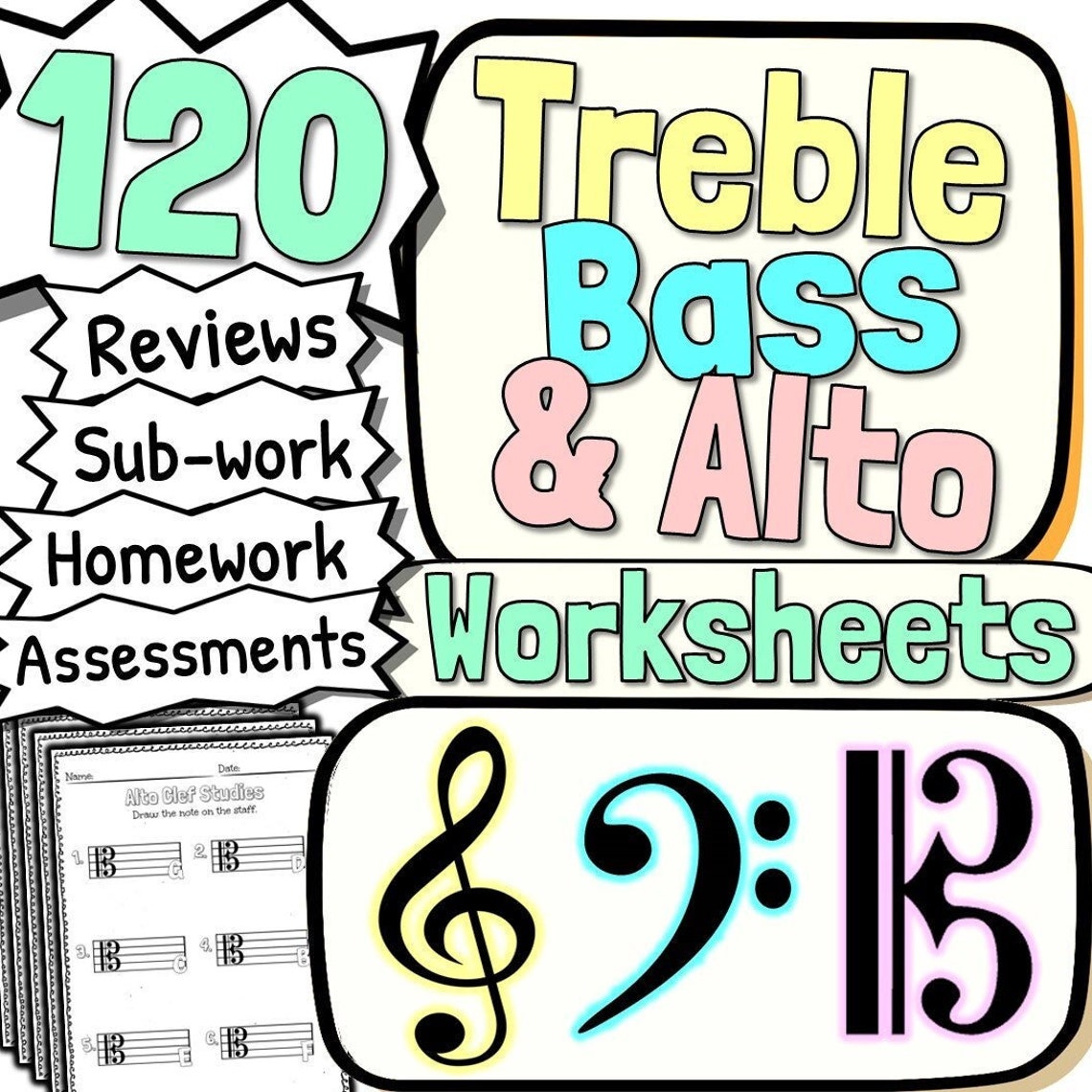 120 Treble Bass and Alto Clef Worksheets - Tests Quizzes Homework ...