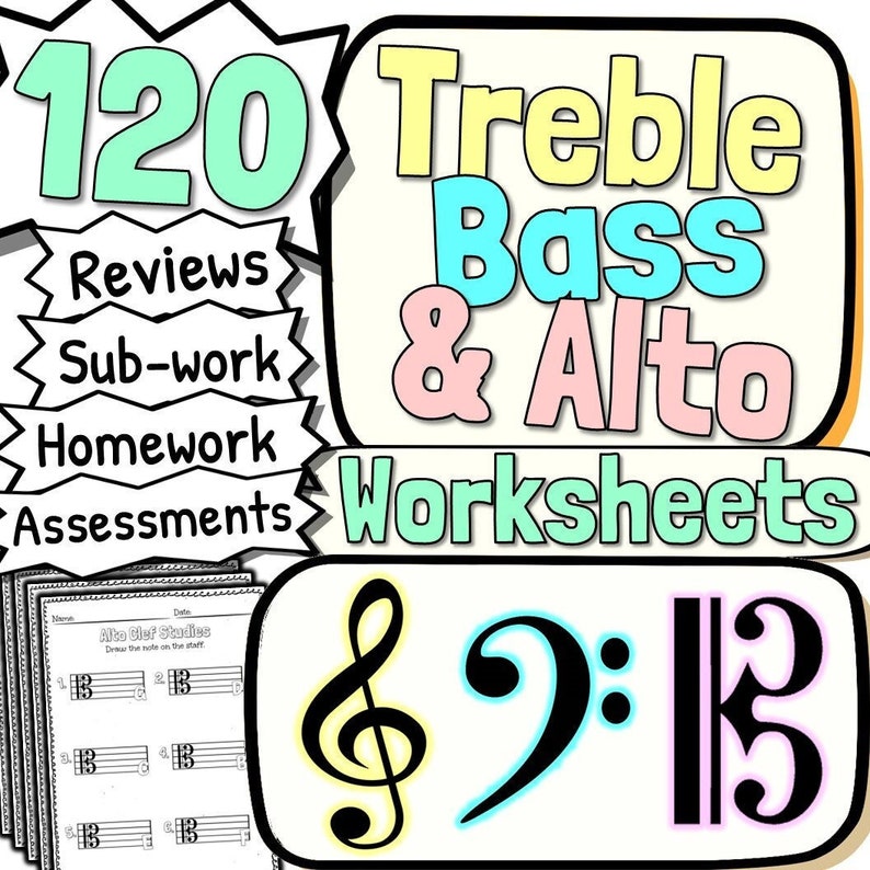 120 Treble Bass and Alto Clef Worksheets Tests Quizzes Homework ...