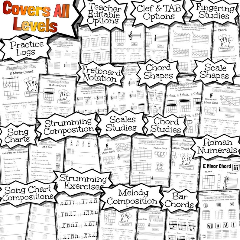 500 Guitar Worksheets | Guitar Chords Scales Song Writing Strumming and ...