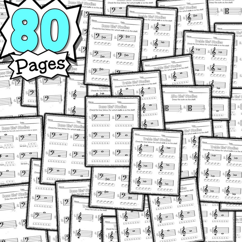 80 Treble and Bass Clef Worksheets Tests, Quizzes Homework Classwork ...
