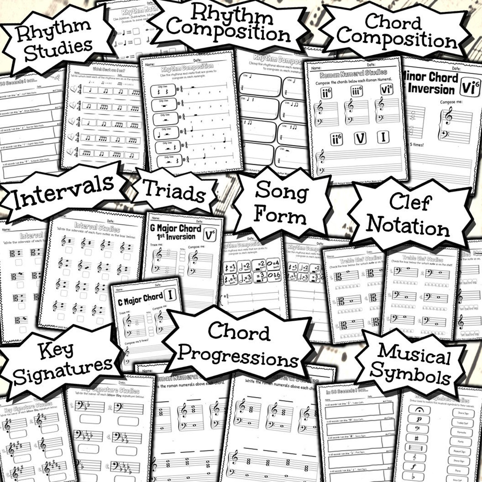 250 Music Theory Worksheets | Tests Quizzes Homework Reviews Sub Work ...