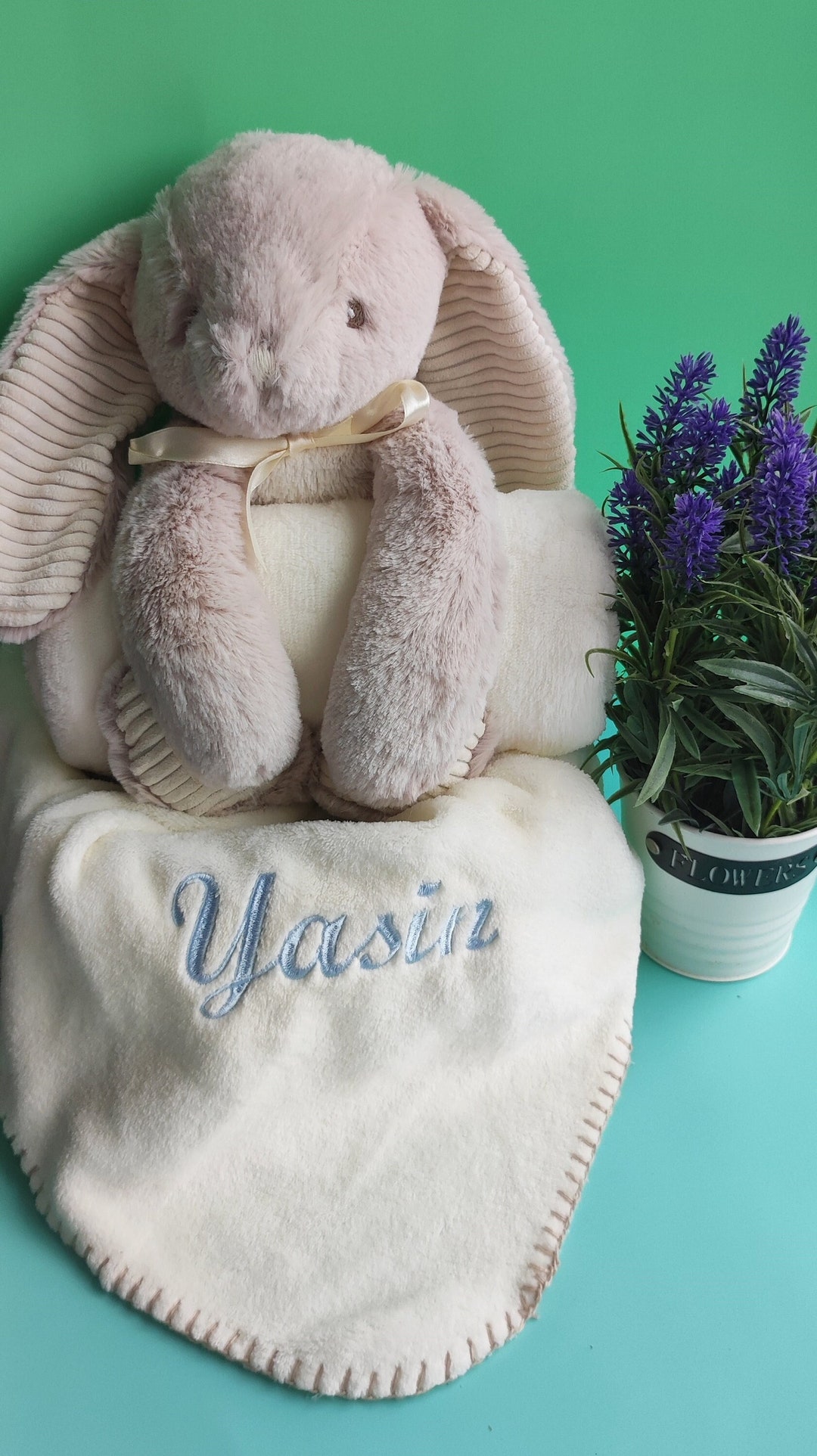 Embroidered-dreamlike Duo: Bunny and Blanket, Personalized for Your ...