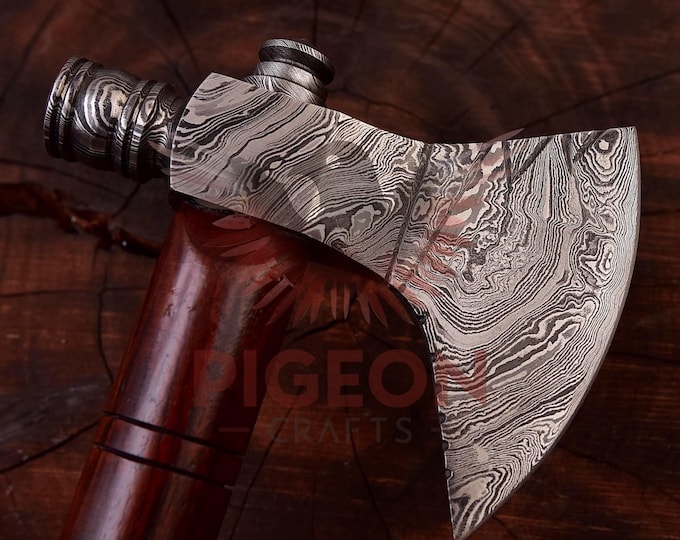 Hand Forged Damascus Steel Axe, Smoking Pipe Functional Axe With Rosewood, Fire Forged Outdoor ...