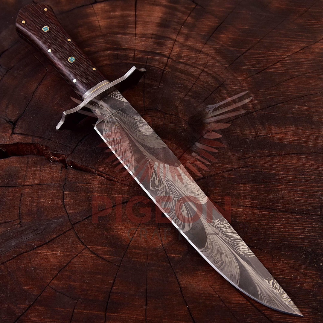 15" Personalized Damascus Steel Feather Hunting Knife, Handmade Bowie ...