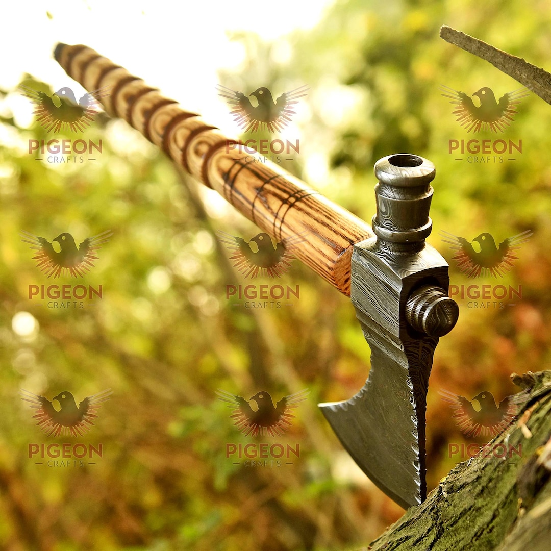 Hand Forged Damascus Steel Axe, Smoking Pipe Functional Axe With Burn ...