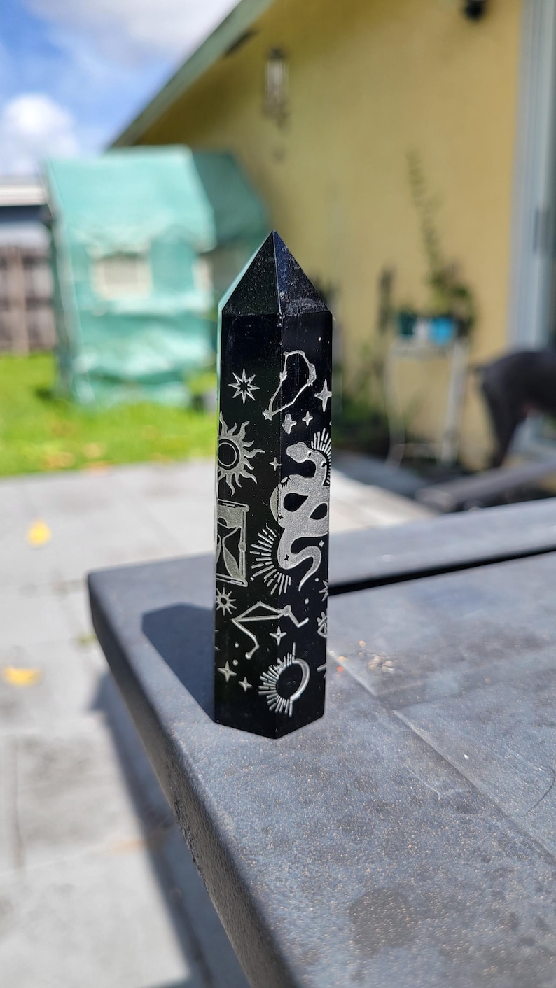 Black Obsidian Tower With Silver Symbols - Etsy
