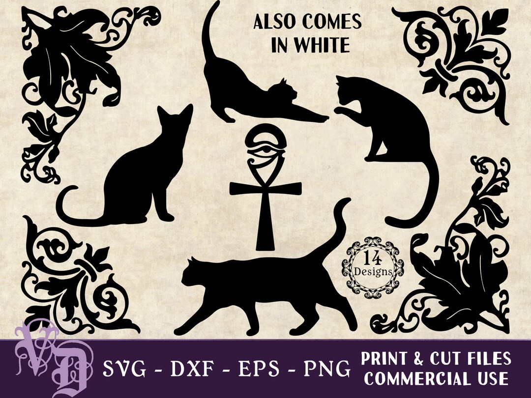 Gothic Cat SVG | Cat Silhouette SVG | Egyptian Ankh SVG | Leaf Corner ...