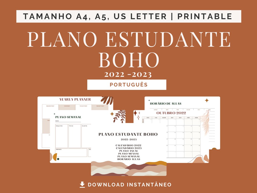 Student Plan Boho Portuguese Horizontal | Printable Planner, Academic ...
