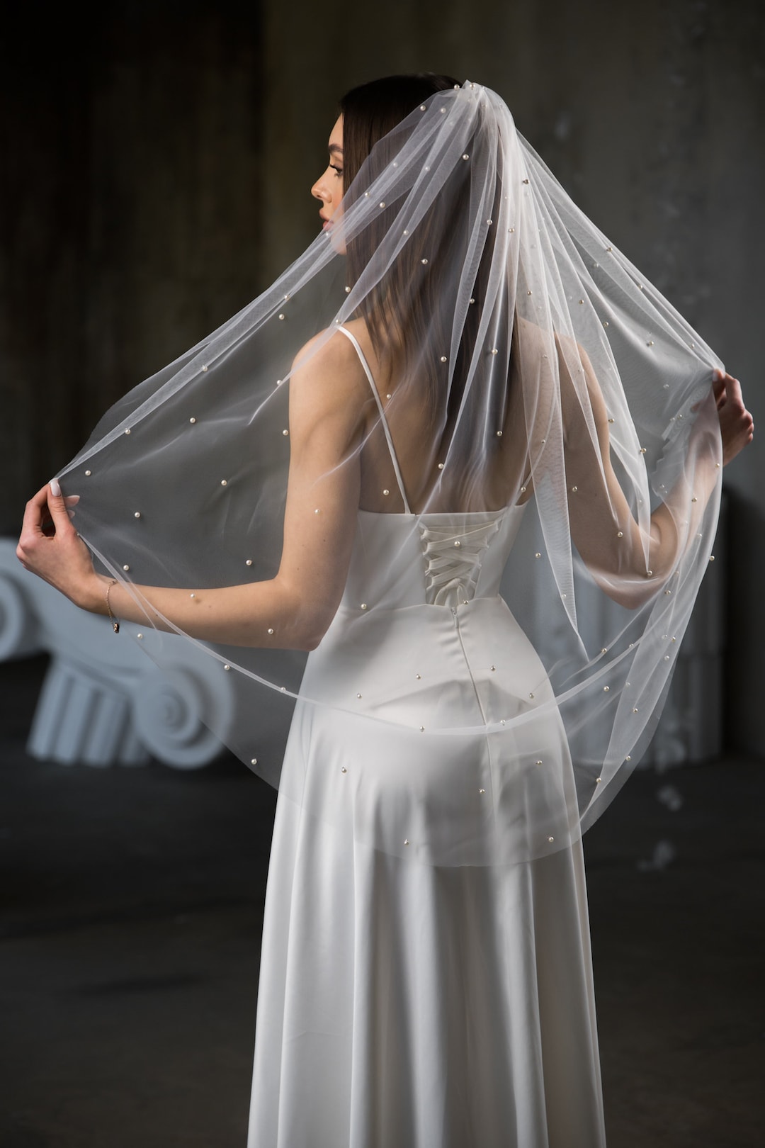 Minimal Volume Veil, Soft Wedding Veil, Pearl Elbow Veil, Cathedral ...