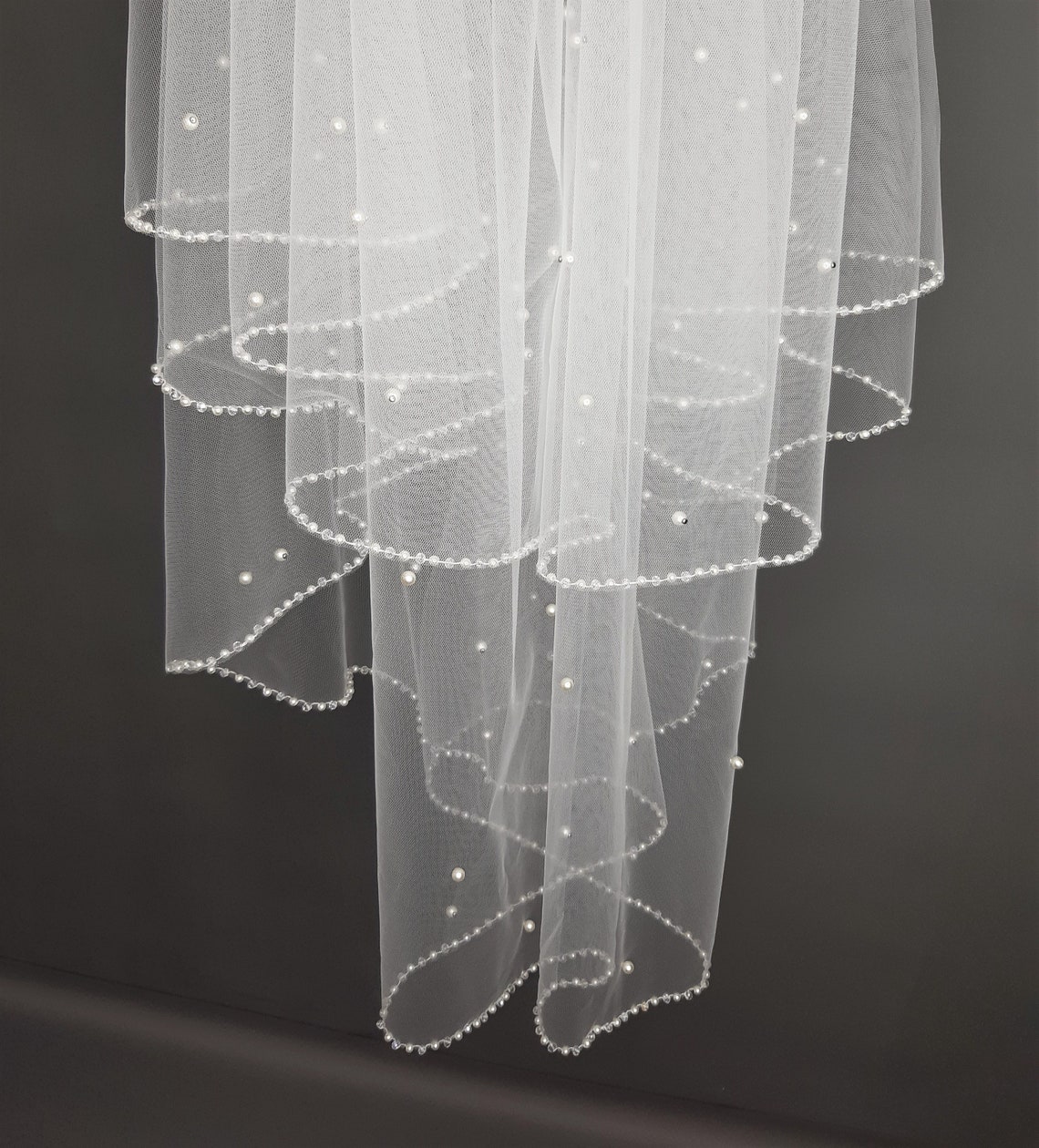Beaded Veil Wedding With Pearls 2 Layers Beads Pearl Veil - Etsy