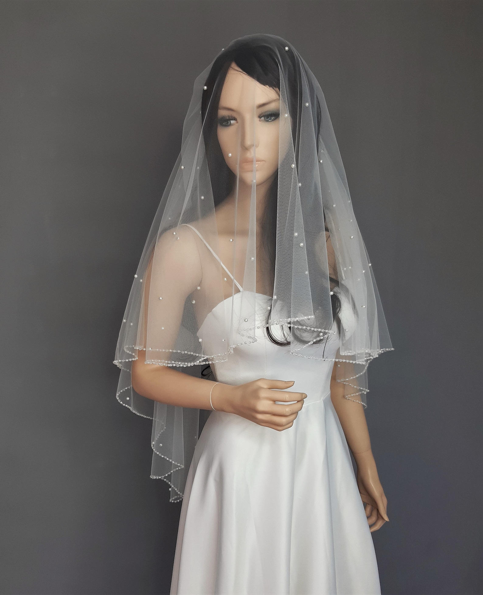 Beaded Veil Wedding With Pearls 2 Layers Beads Pearl Veil - Etsy