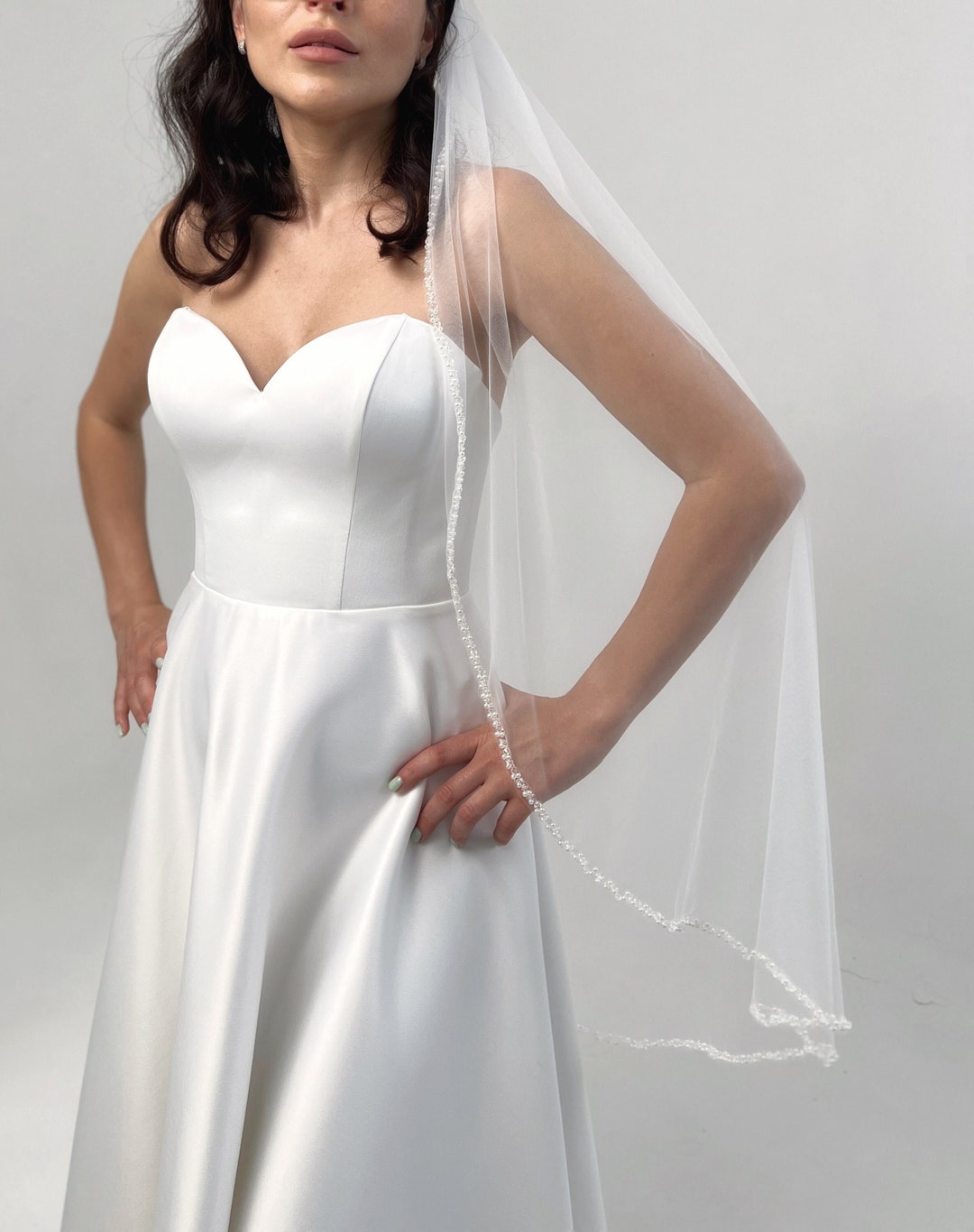 Beaded Wedding Veil, 1 Layer Narrow Veil, Wedding Cathedral, Custom ...