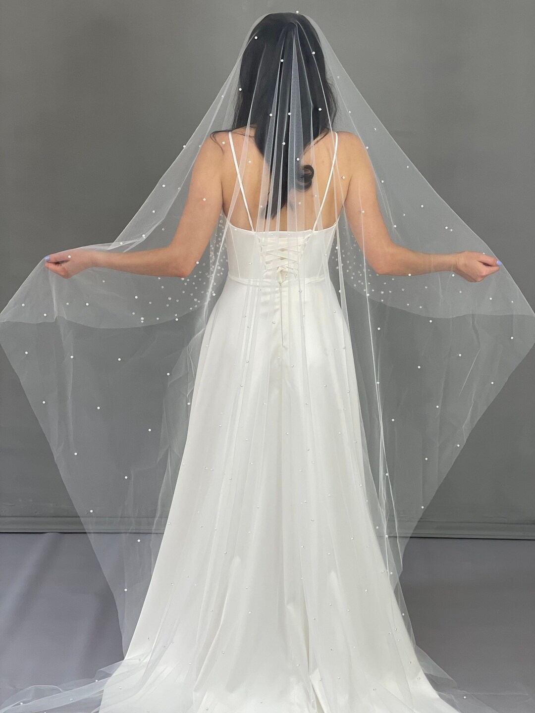 1 Tier Plain Veil, Pearl Cathedral Veil, Pearl Lined Veil, Tulle ...
