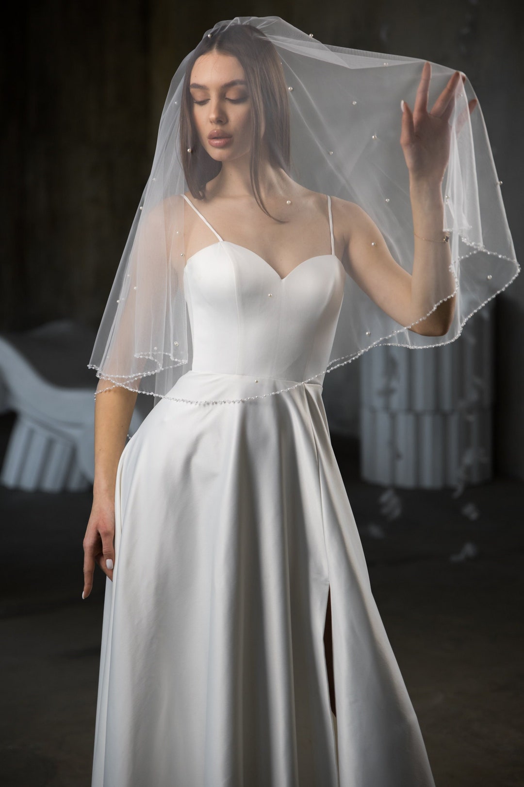 Chapel Length Beaded Wedding Veil, Long Bridal Veil With Intricate Bead ...