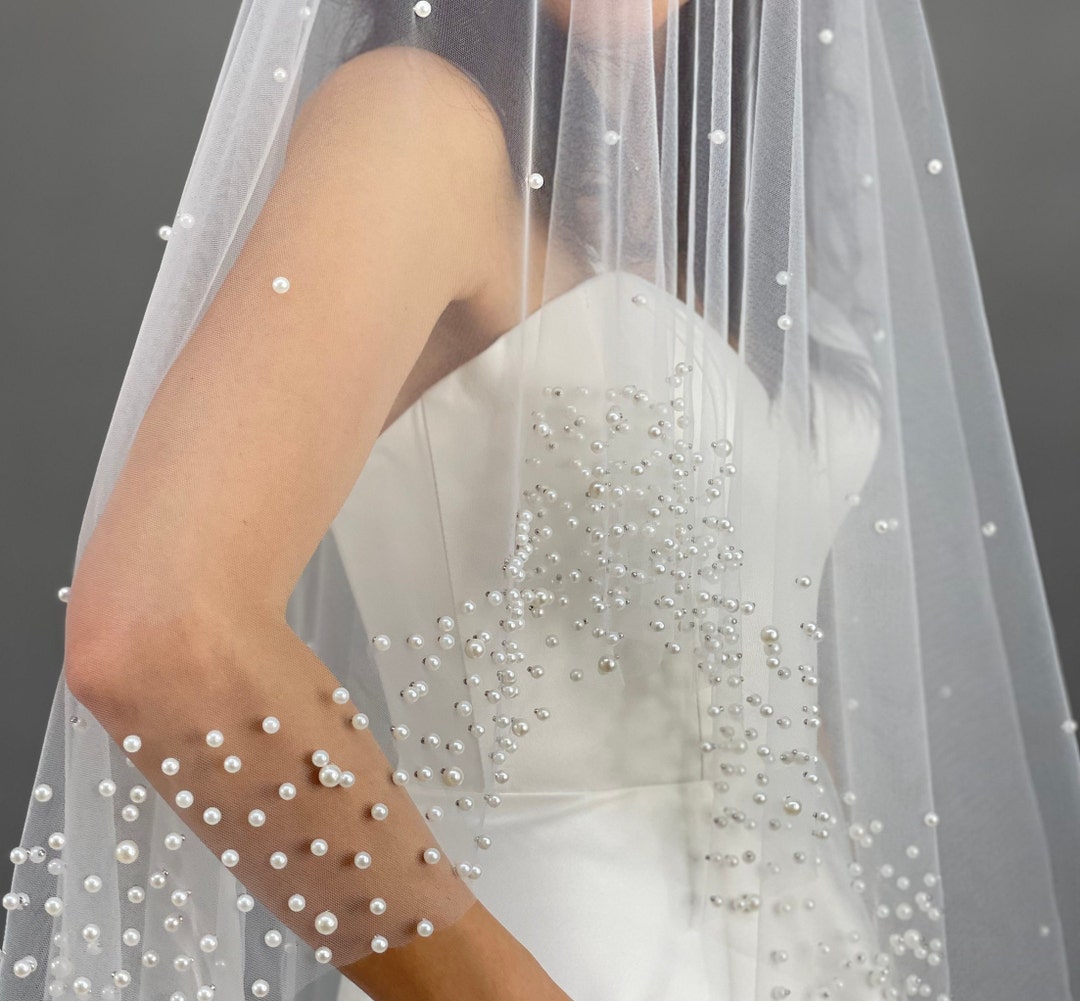 Pearl Cape, Soft Lave Veil, 1 Tier Plain Veil, Pearls Trim Veil, Pearl ...