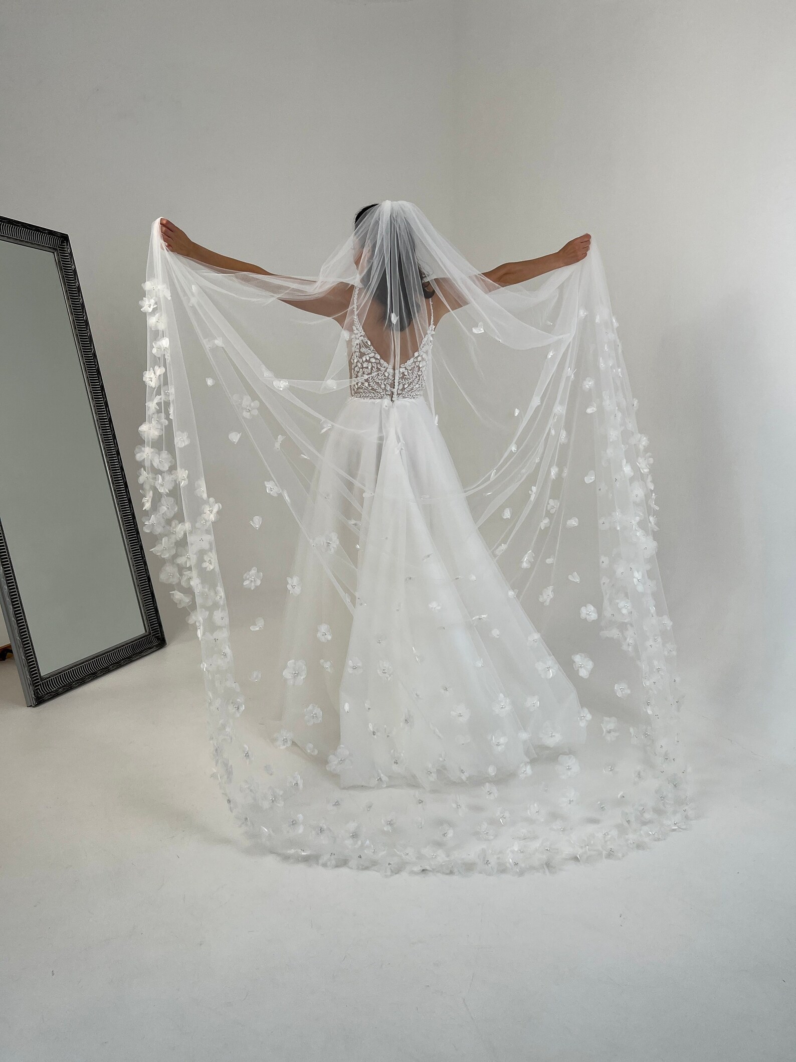 Floral Wedding Veil Embroidered Flower Buds, Handmade Bridal Ivory ...