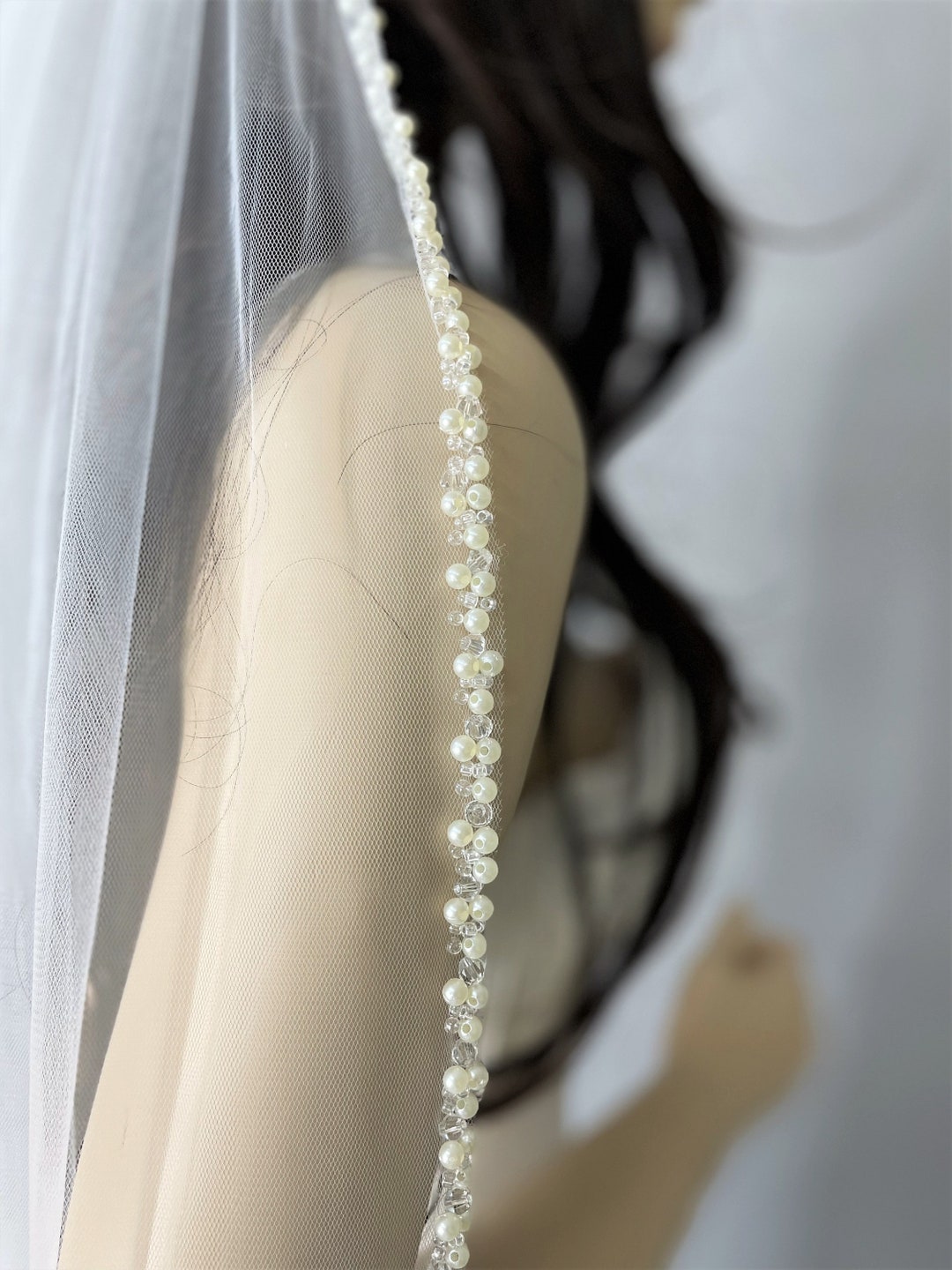 Handmade Beaded Wedding Veil: Pearl & Crystal Edge, Light Ivory - Etsy
