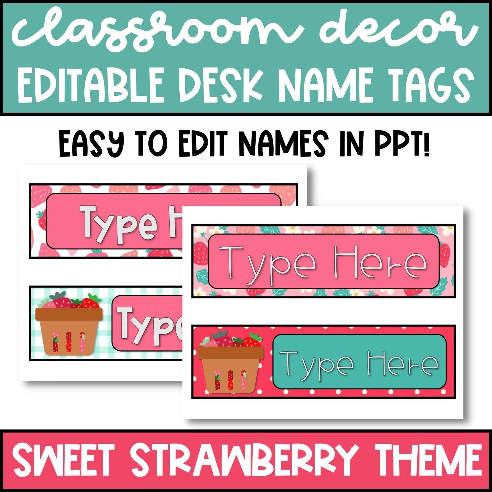 Editable Desk Names Tags for Classroom, DIY Classroom Decor, Strawberry ...