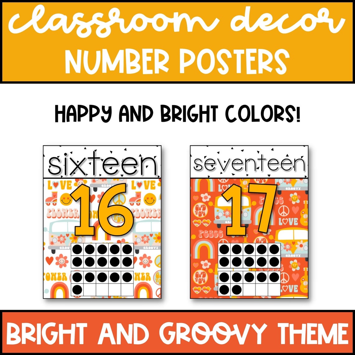 Retro Classroom Number Posters, Bright Groovy Decor (digital Download ...