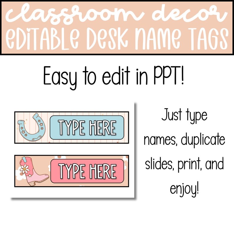 Western Cowgirl Classroom Desk Name Tags, Editable (digital Download ...