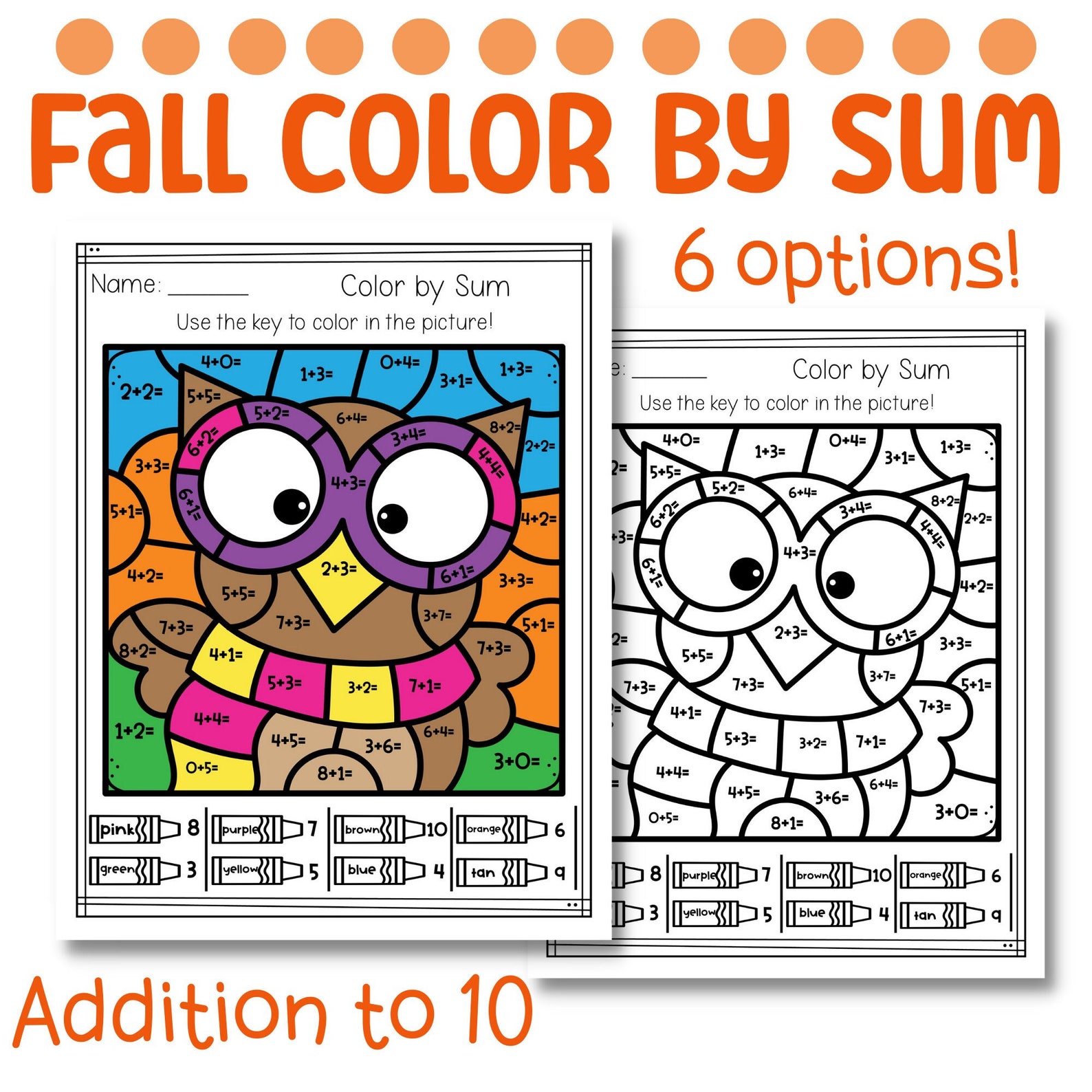 Fall Math Coloring Worksheets for Addition Facts Practice for Classroom ...