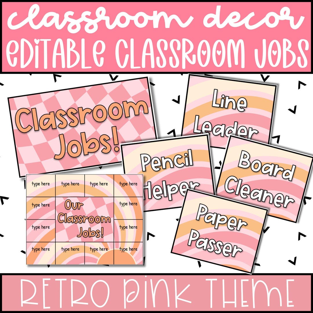 Editable Classroom Jobs Display, Classroom Jobs Chart, Retro Pink ...