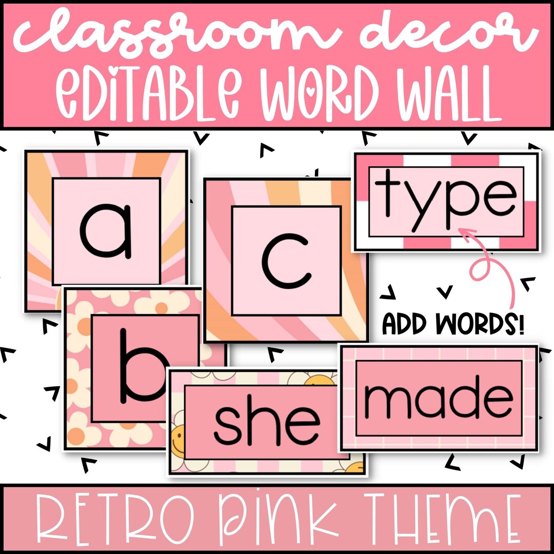 Editable Word Wall Templates With Sight Word Cards, Retro Pink ...