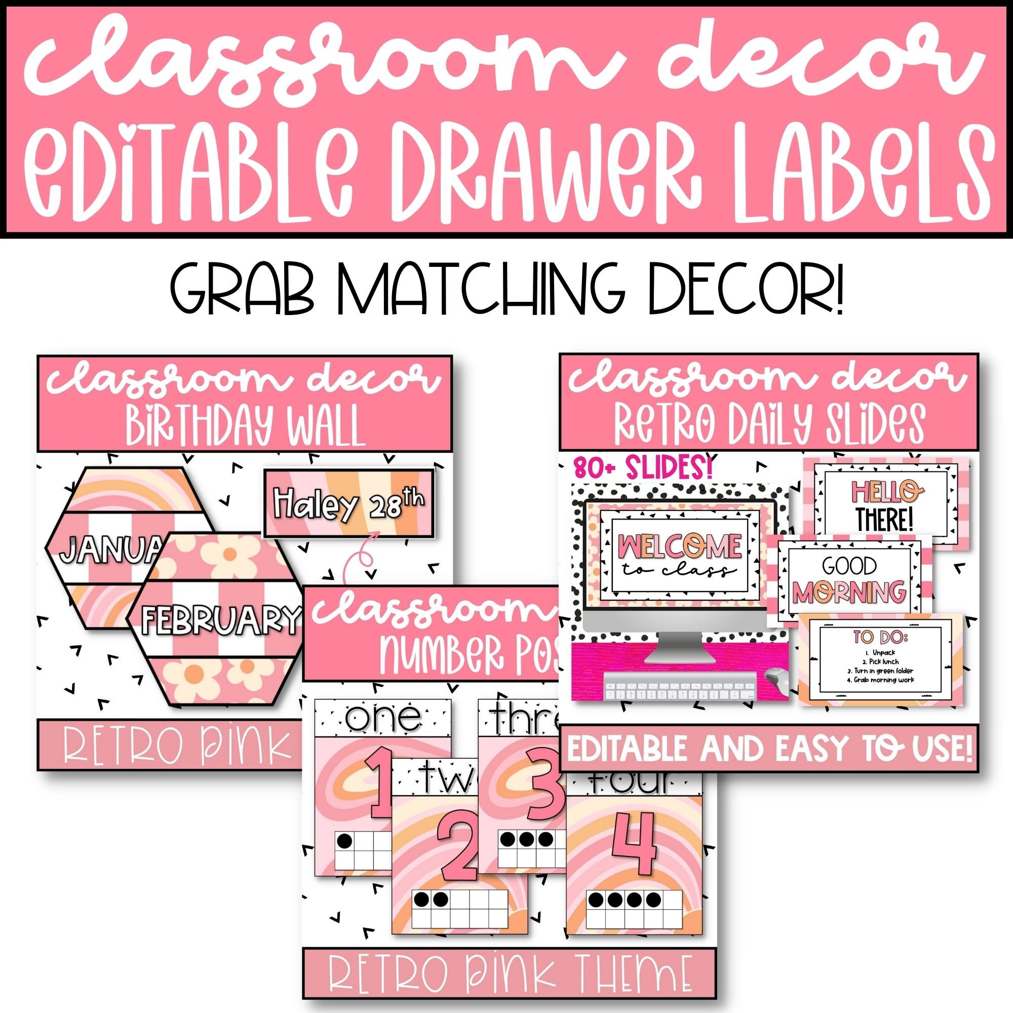 Editable Classroom Labels, 10 Drawer Cart Labels Editable, Retro Pink ...