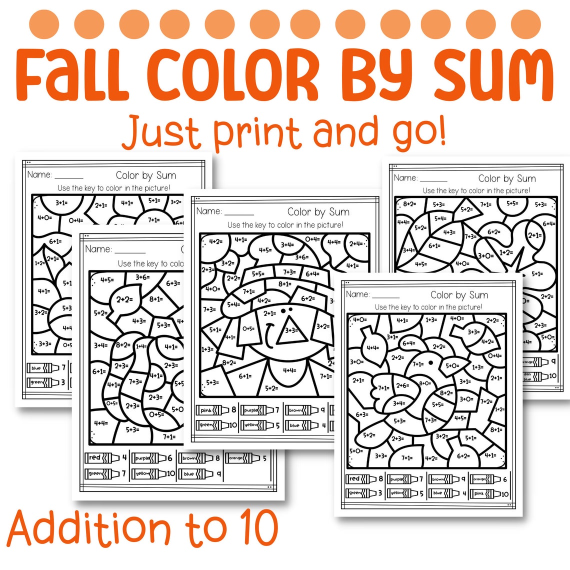 Fall Math Coloring Worksheets for Addition Facts Practice for Classroom ...