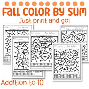 Fall Math Coloring Worksheets for Addition Facts Practice for Classroom ...
