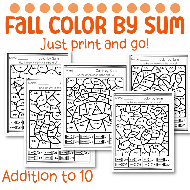 Fall Math Coloring Worksheets for Addition Facts Practice for Classroom ...