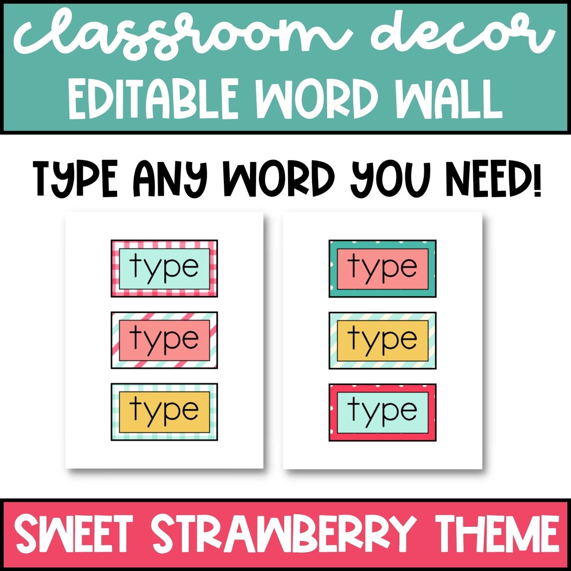 Strawberry Classroom Decor, Editable Word Wall Cards (digital Download ...