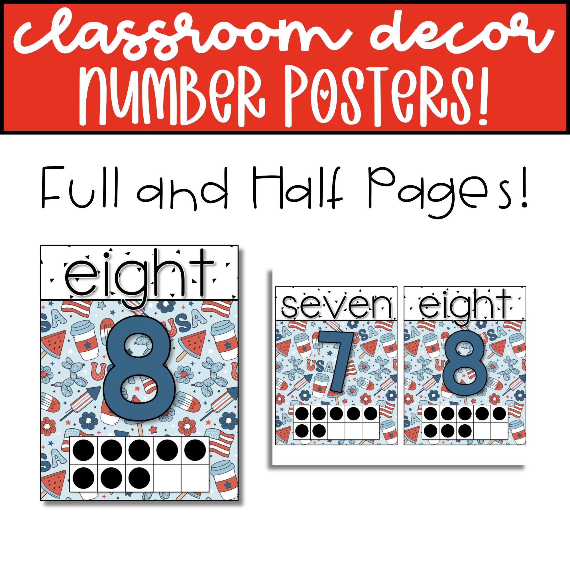 Number Posters for Classroom, Patriotic Red White Blue Classroom Decor ...