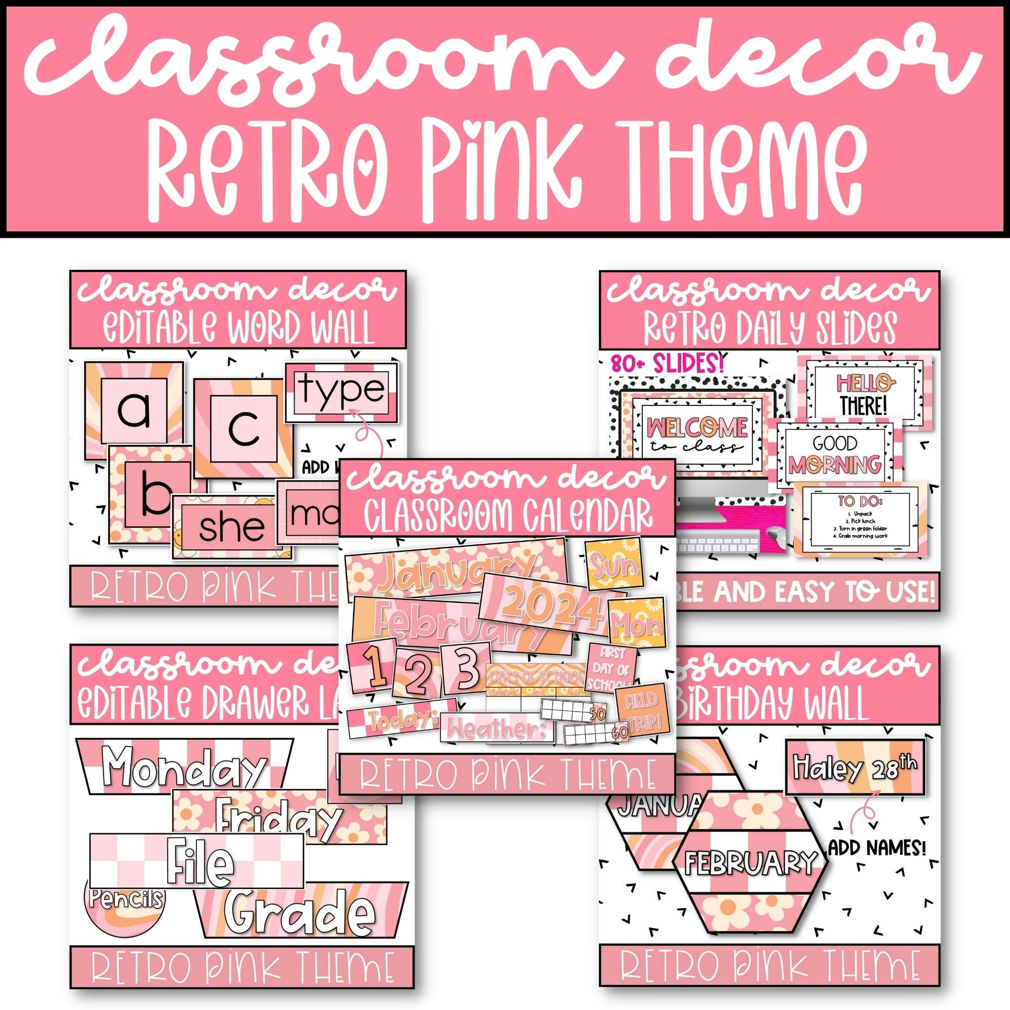 Retro Pink Classroom Decor Bundle, Editable Printables for Back to ...