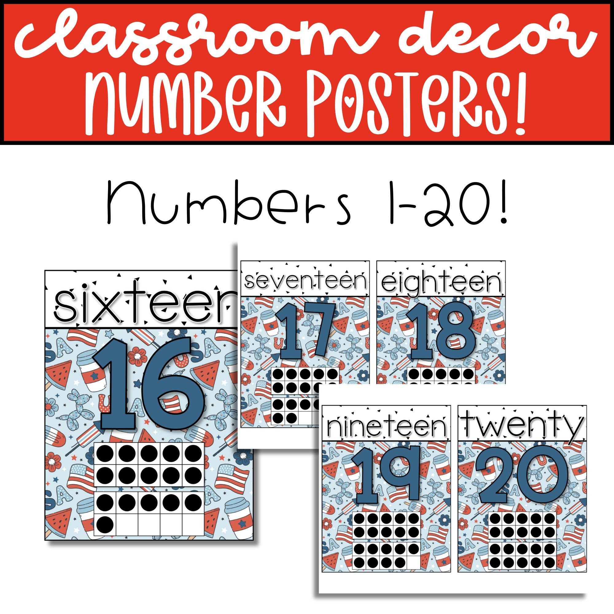 Number Posters for Classroom, Patriotic Red White Blue Classroom Decor ...