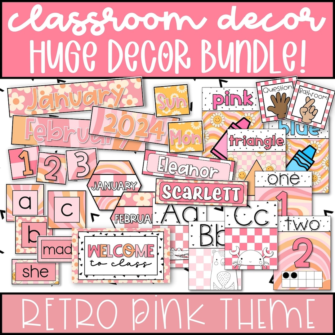 Retro Pink Classroom Decor Bundle, Editable Printables for Back to ...