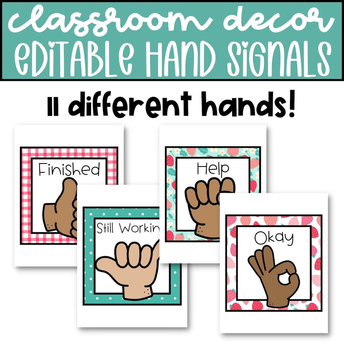 Hand Signals for Classroom Management, Editable, Strawberry Classroom ...