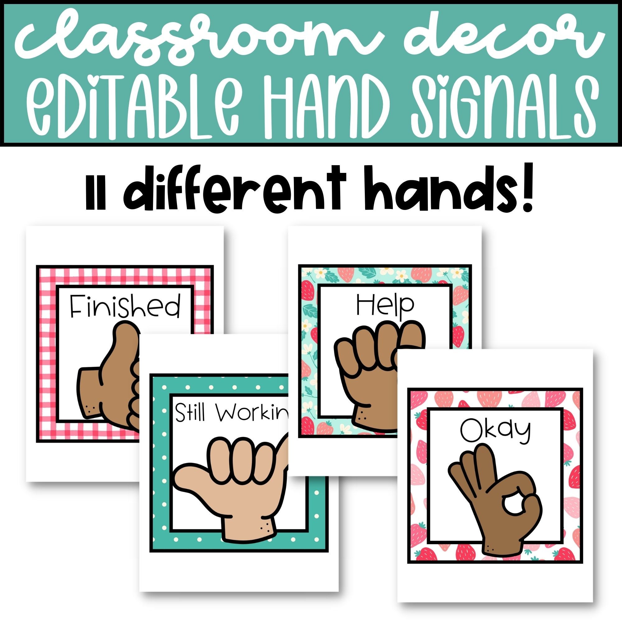 Hand Signals for Classroom Management, Editable, Strawberry Classroom ...