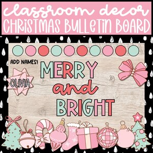 Retro Pink Christmas Bulletin Board, December Door Decor, Merry and ...